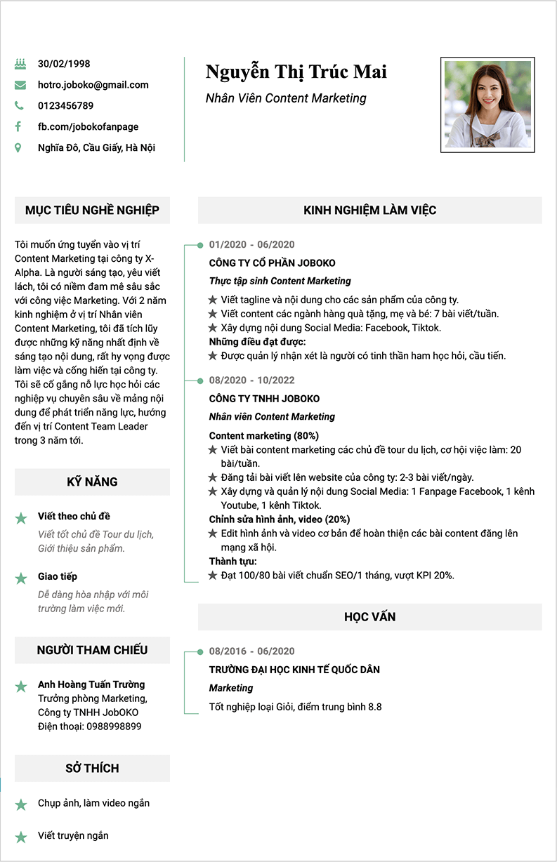 Preview Mẫu CV Tiêu chuẩn 1 | Joboko